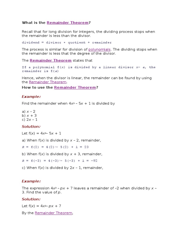 Understanding the Remainder Theorem | PDF | Division (Mathematics ...