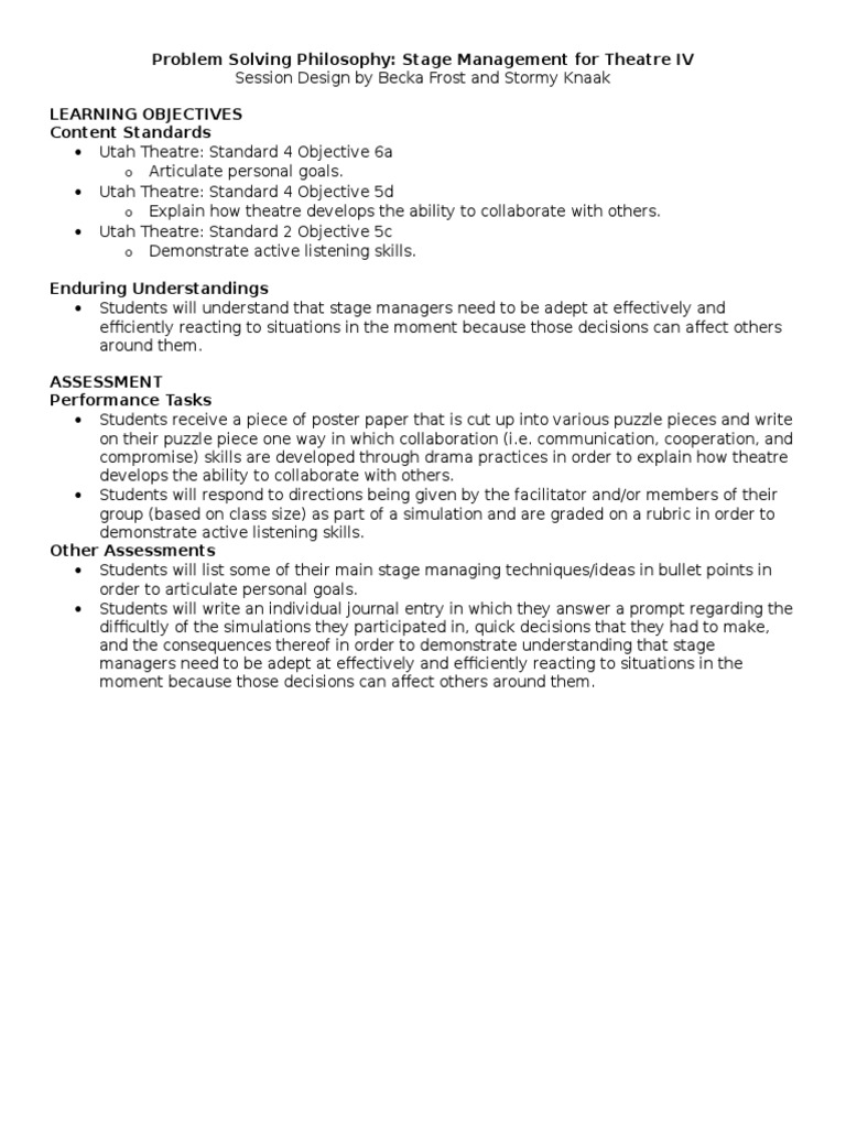 Stage Management Lesson Plan | PDF | Rubric (Academic) | Lesson Plan