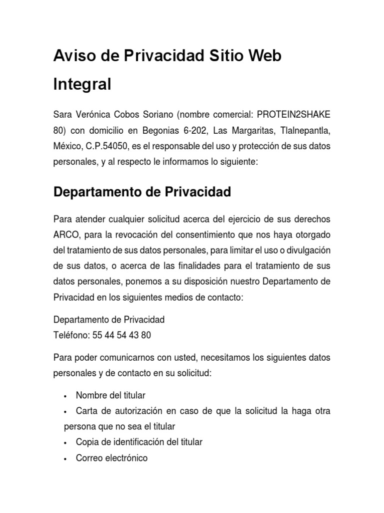 Aviso de Privacidad Sitio Web Integral | PDF | Cookie HTTP | Informática