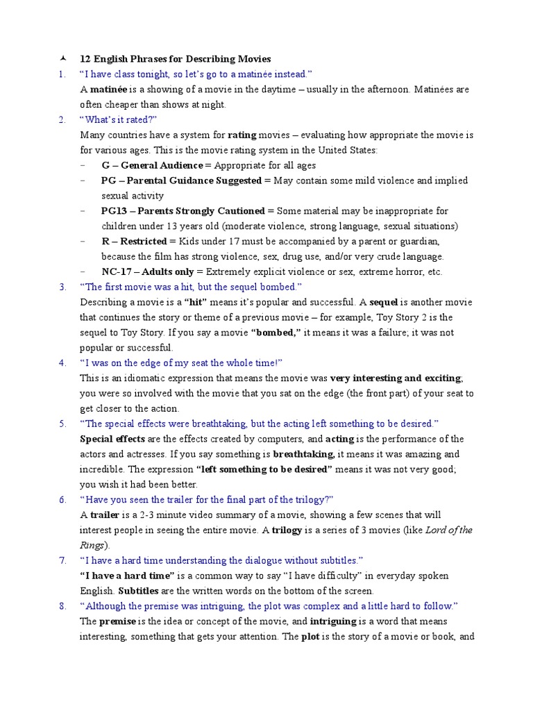 (Phrases) 12 English Phrases For Describing Movies | PDF | Cinema | Leisure