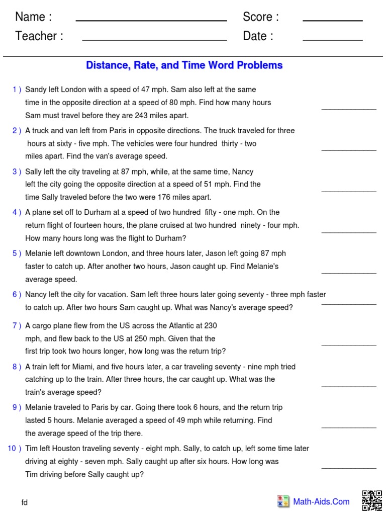 Name: Teacher: Date: Score:: Distance, Rate, and Time Word Problems ...
