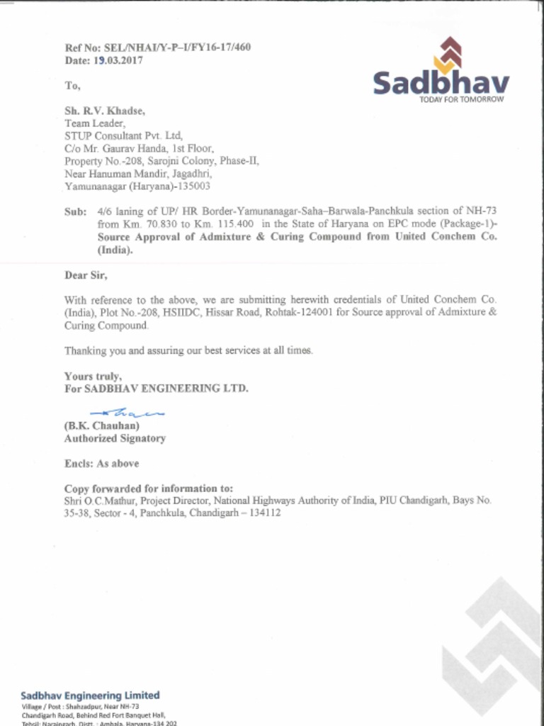 460.Y-P NHAI PKG-1 - Source Approval of United Conchem For Admixture ...