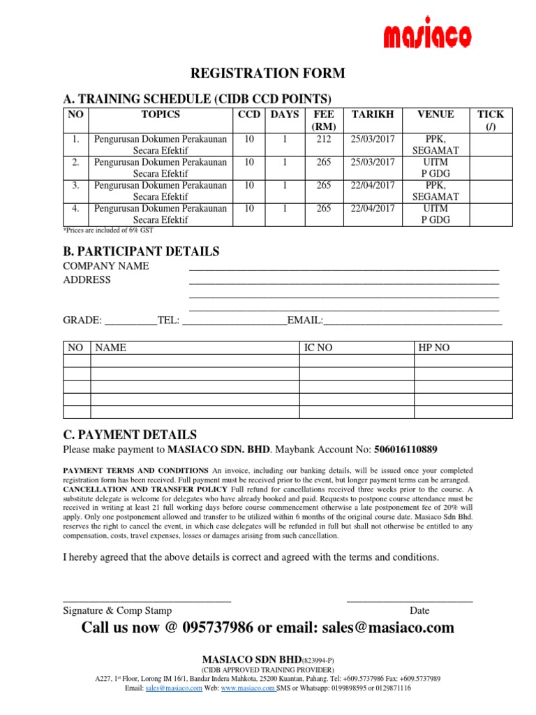 Registration Form: A. Training Schedule (Cidb CCD Points) | PDF ...