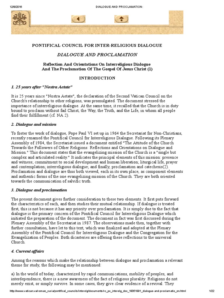Dialogue and Proclamation (PONTIFICAL COUNCIL For INTERRELIGIOUS DIALOGUE) | PDF | Catholic ...