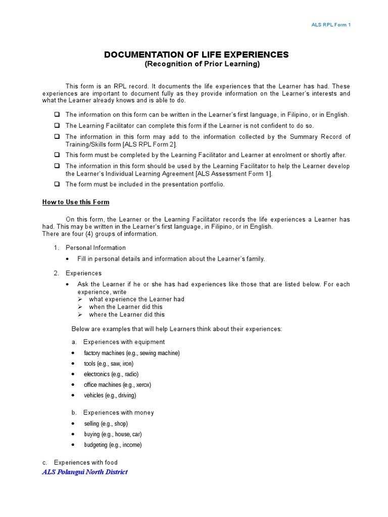 ALS RPL Form 1: Life Experience Documentation | PDF | Learning | Cognition