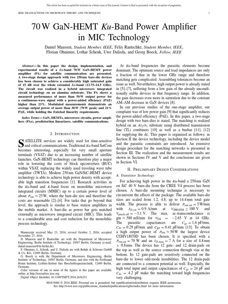 70 W GaN-HEMT Ku-Band Power Amplifier in MIC Technology | PDF ...