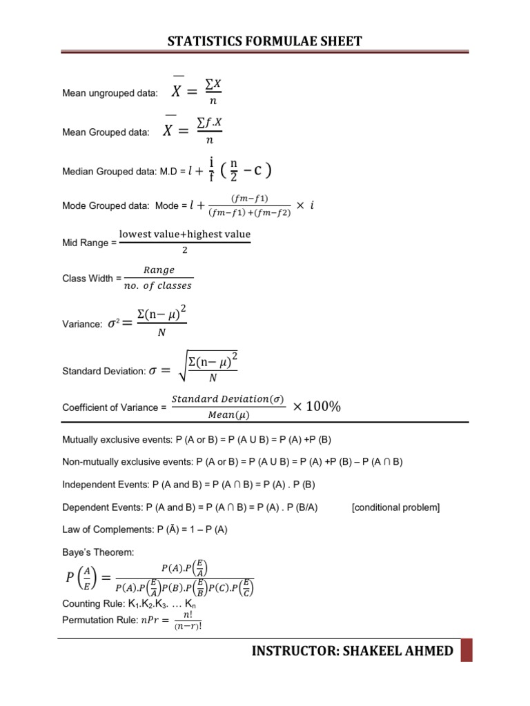 Stats Formula Sheet | PDF