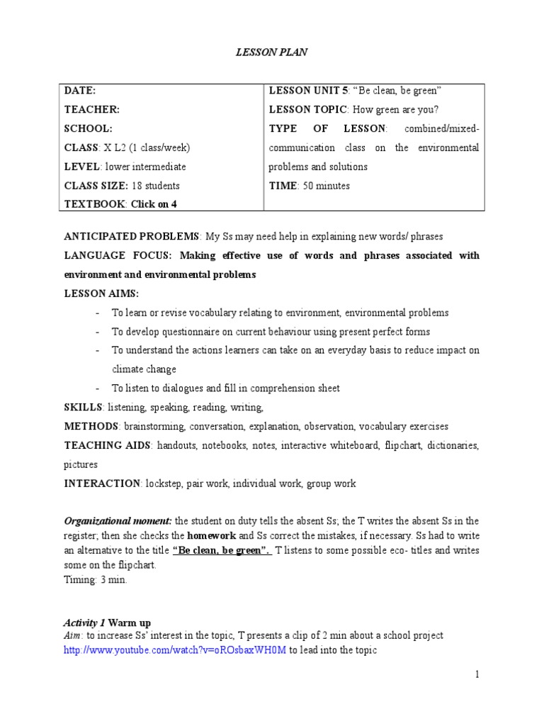 Lesson Plan Click On Be Clean Be Green Upload | PDF | Lesson Plan ...