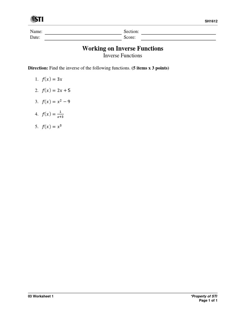 Inverse Functions Worksheet | PDF