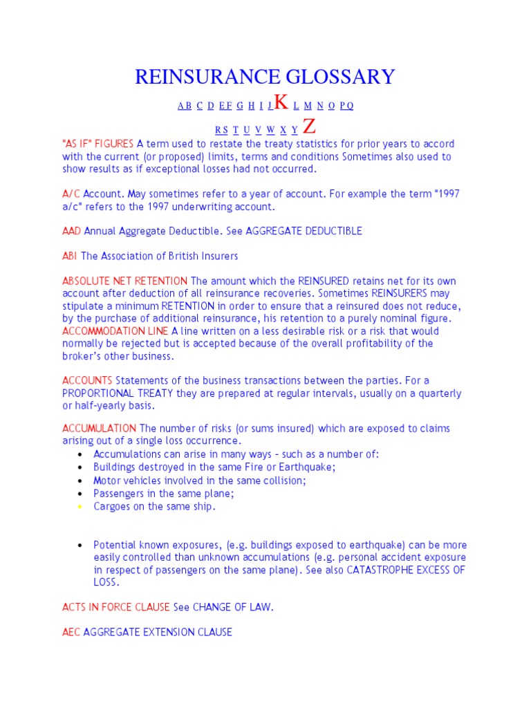 RI Glossary | PDF | Reinsurance | Deductible