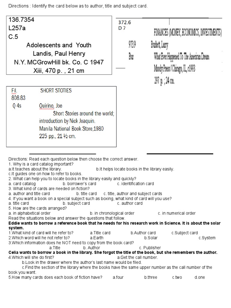 Card Catalog Test | Download Free PDF | Libraries | Books
