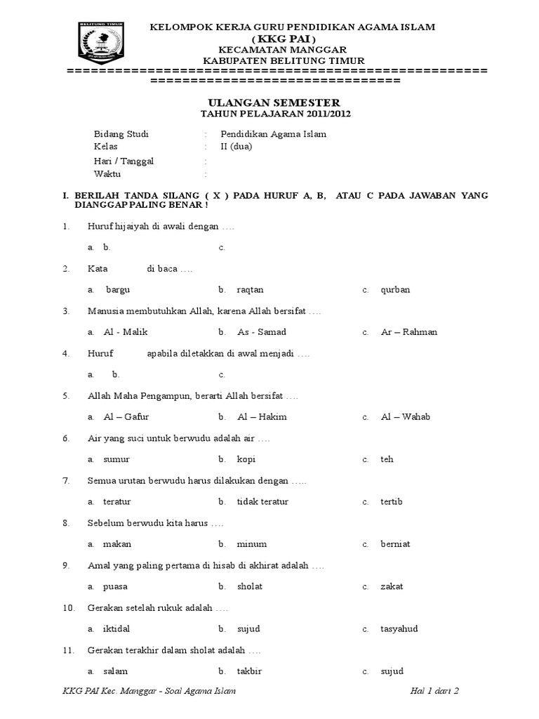Soal Agama Islam Kelas 2 SD | PDF