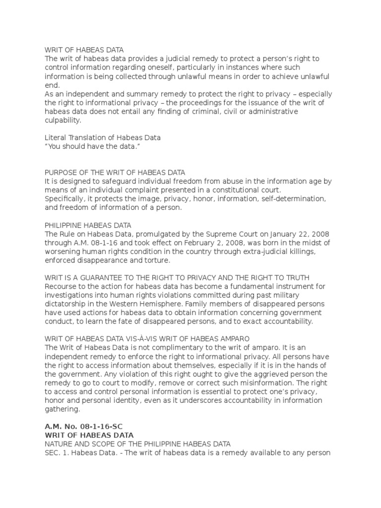 WRIT OF HABEAS DATA | Habeas Corpus | Writ