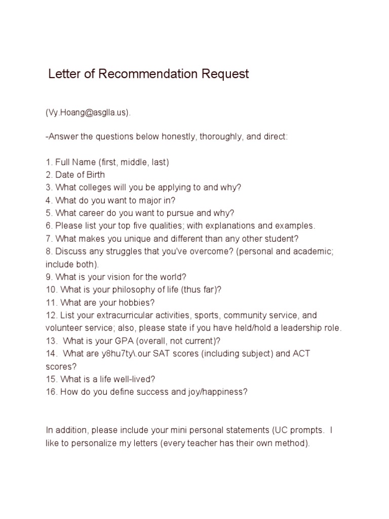 Letter of Recommendation Request: (Vy - Hoang@asglla - Us) | PDF