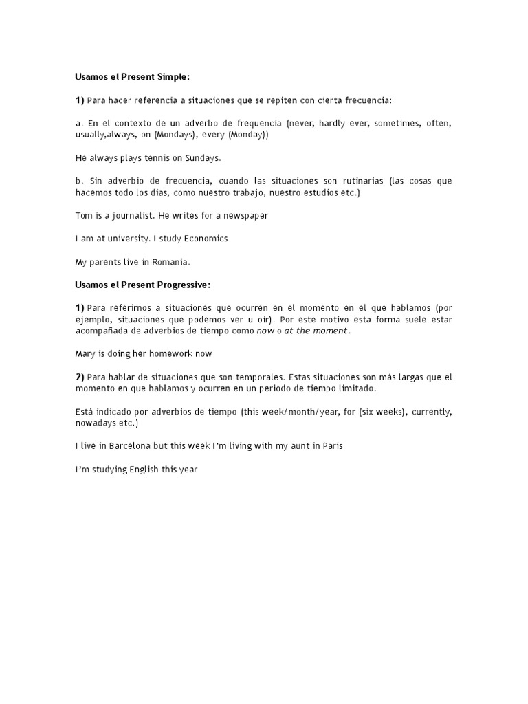 Ejercicios Present Simple and Continuous | PDF | French Language