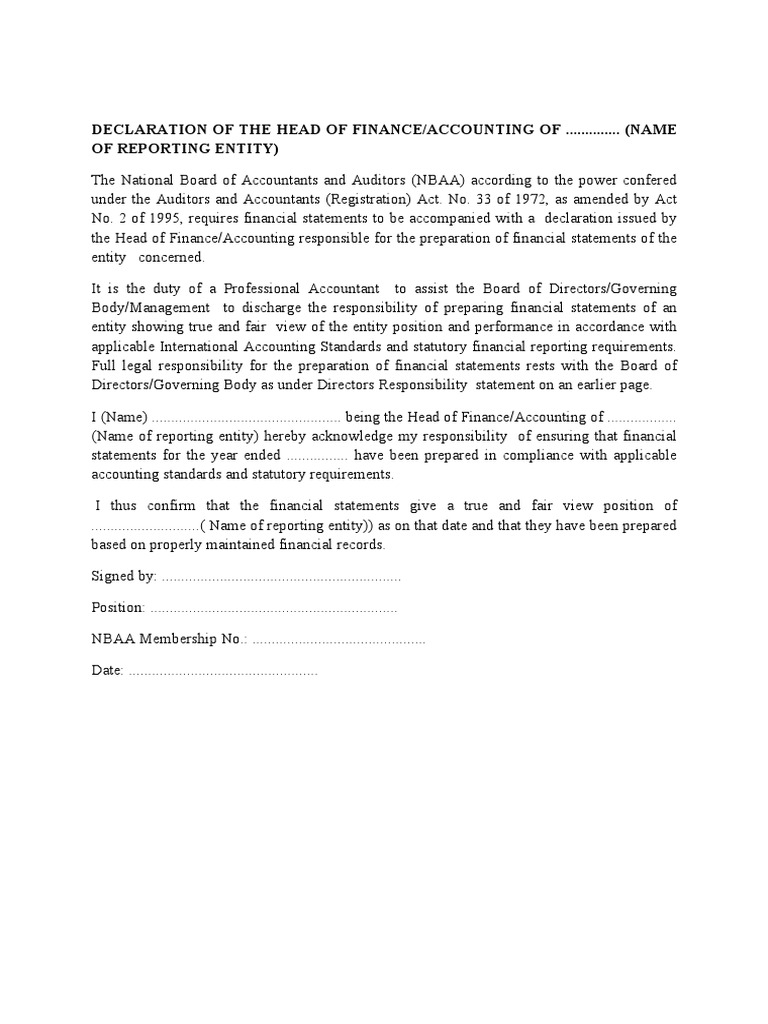 Declaration of The Head of Finance/Accounting of .............. (Name ...
