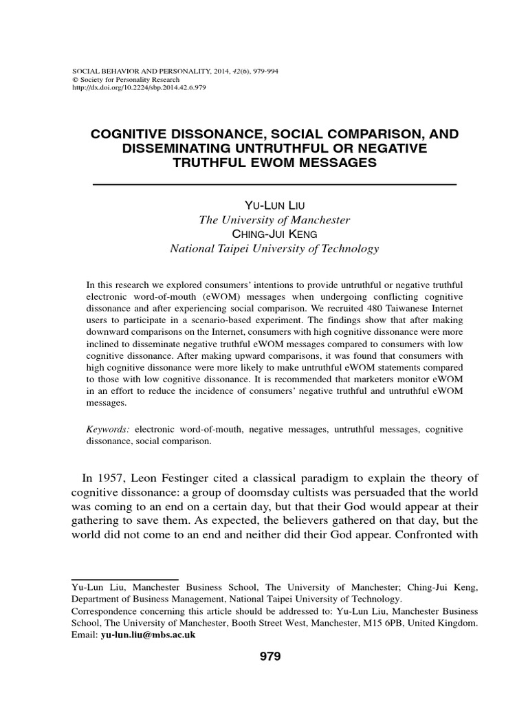 Cognitive Dissonance, Social Comparison | PDF | Emotions | Deception