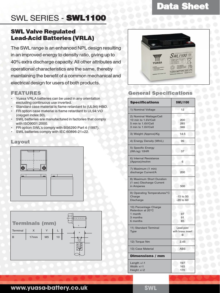 Swl 1100 Data Sheet | Battery (Electricity) | Electromagnetism