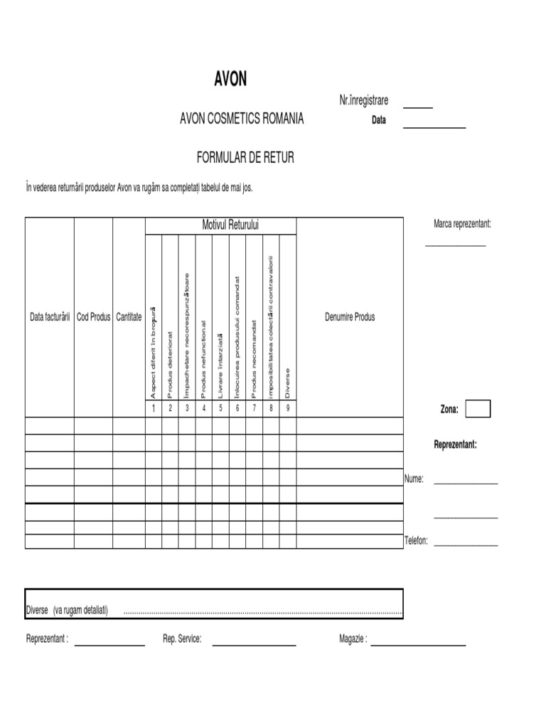 Formular Retur Avon Romania SRL PDF | PDF