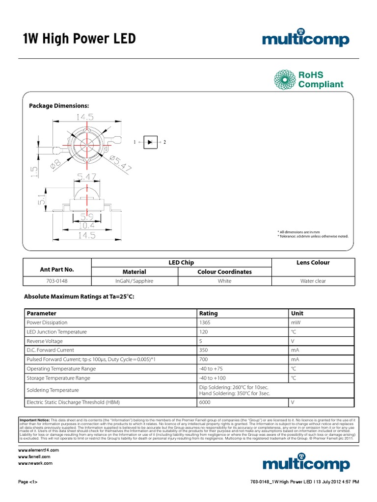 1W High Power LED: Package Dimensions | Download Free PDF | Solder ...