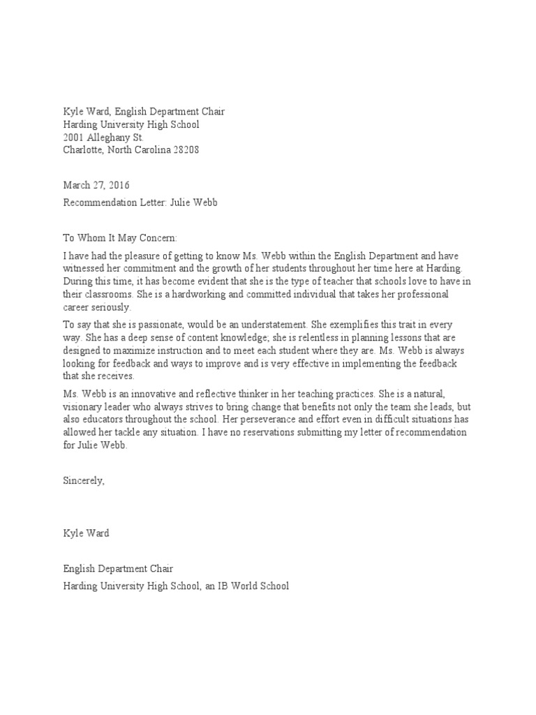 Recommendation for Julie Webb, Teacher | PDF