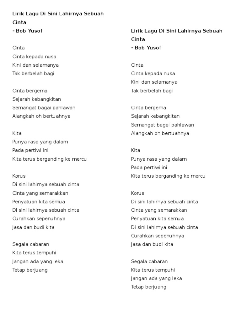 Lirik Lagu Di Sini Lahirnya Sebuah Cinta... MERDEKA 57 2014 | PDF