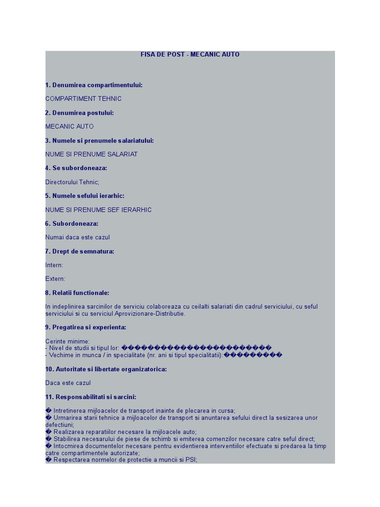 Fisa Post Mecanic Auto | PDF