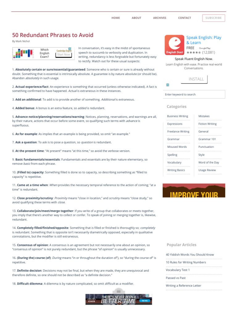 50 Redundant Phrases To Avoid | PDF | English Language | Consensus ...
