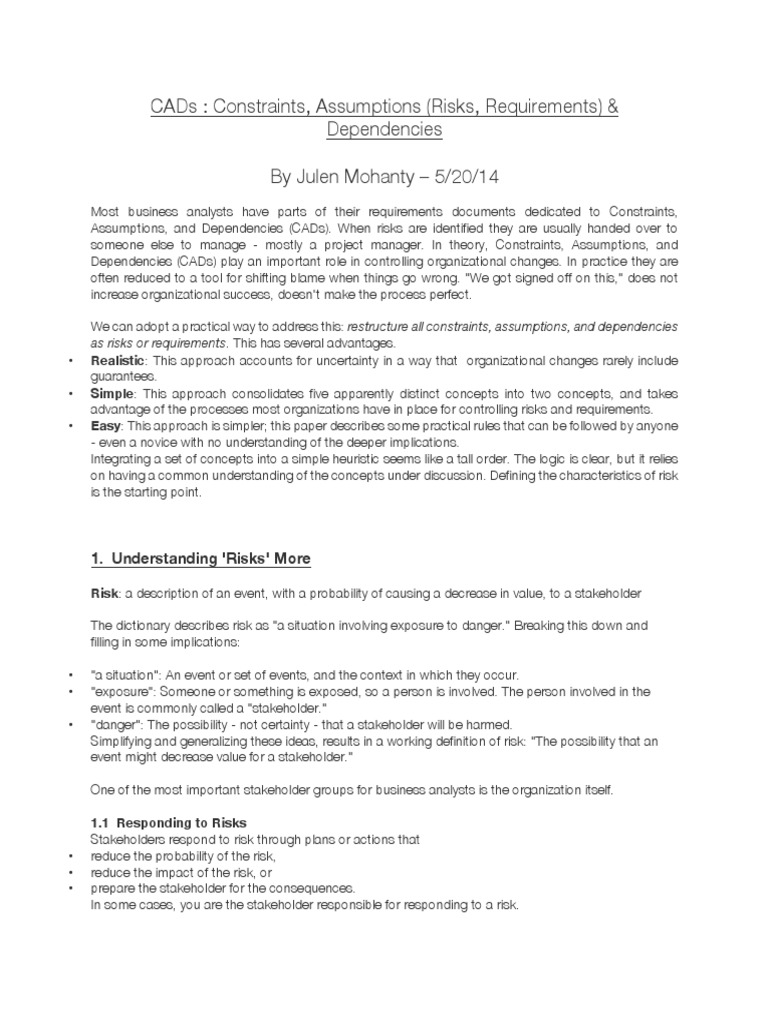 CADs- Constraints, Assumptions (Risk, Requirements) & Dependencies ...