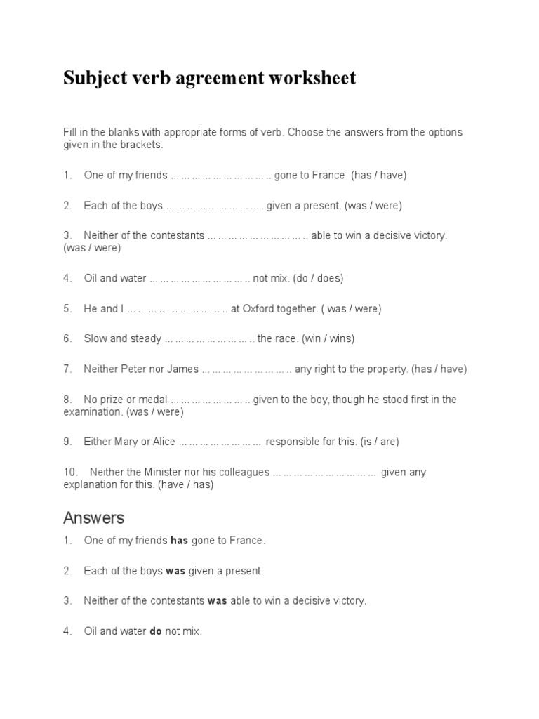 Subject Verb Agreement Worksheet | PDF