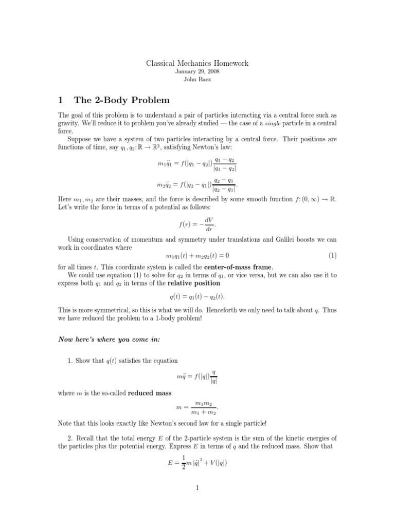 1 The 2-Body Problem: Classical Mechanics Homework | PDF | Center Of ...