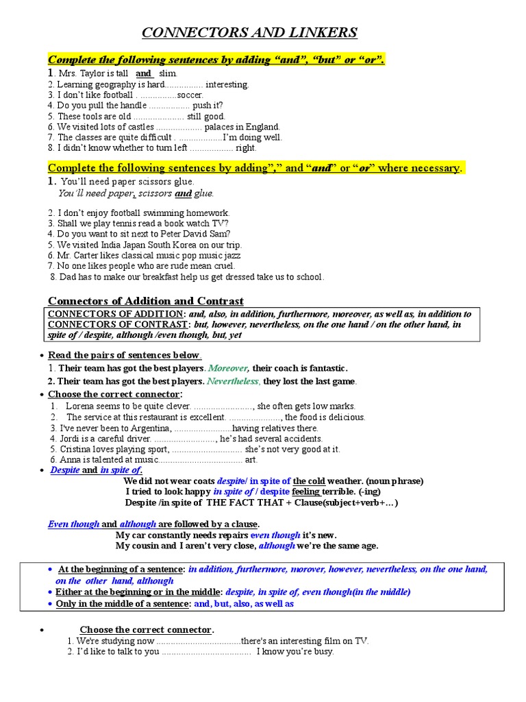 CONNECTORS AND LINKERS Addition and Contrast | PDF | Leisure