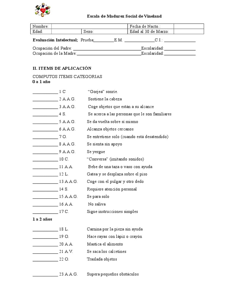 Escala de Madurez Social de Vineland Protocolo | PDF