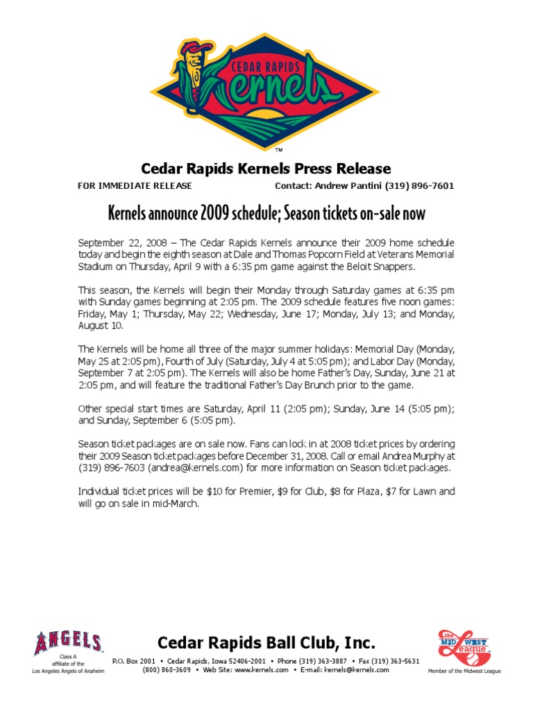 Cedar Rapids Kernels 2009 Schedule | PDF | Professional Sports Leagues | Sports Teams