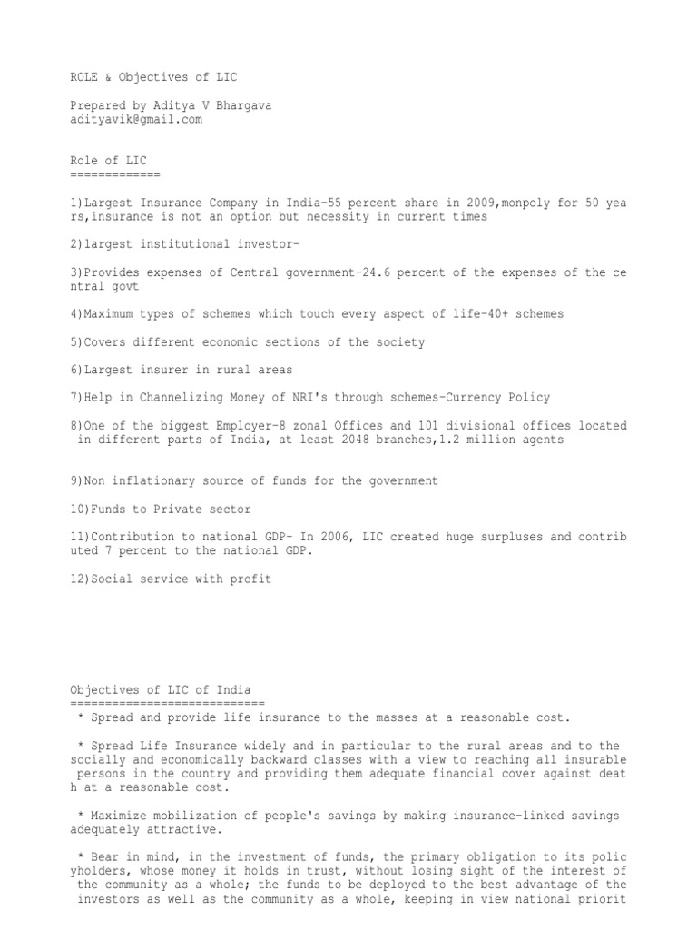 Lic Role and Objectives | PDF