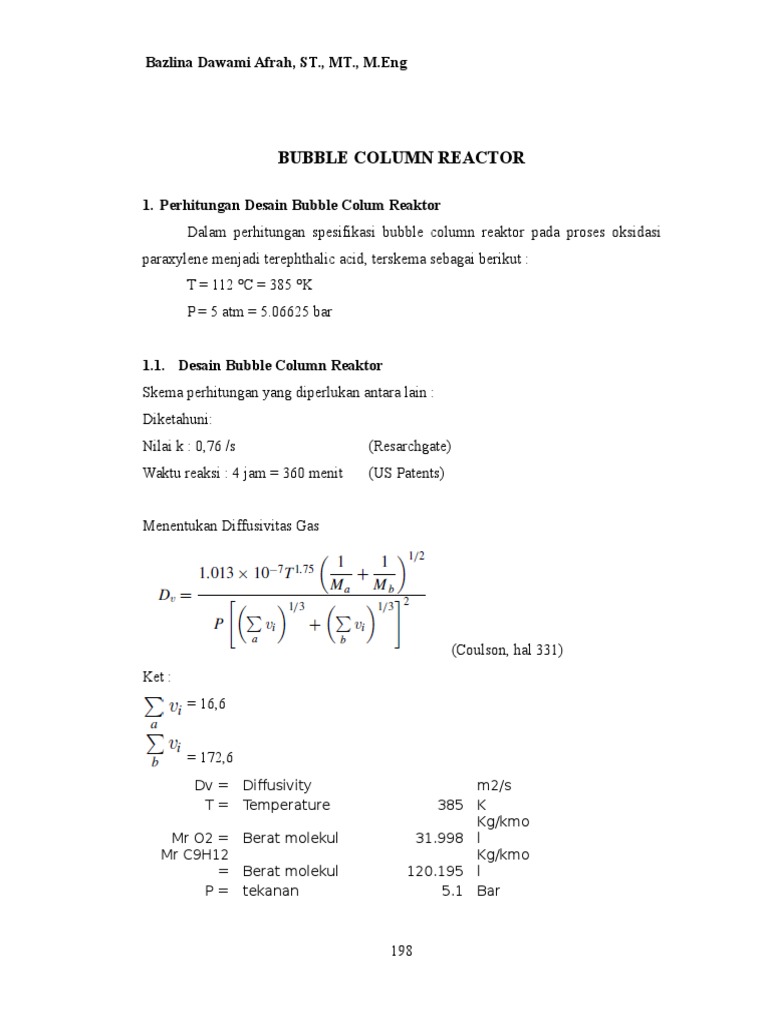 Bubble Column Reactor Design and Calculation | PDF