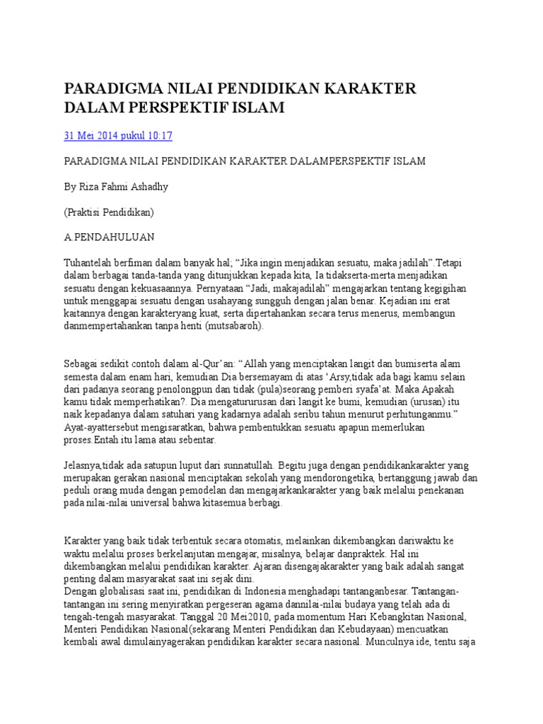 Paradigma Nilai Pendidikan Karakter Dalam Perspektif Islam | PDF