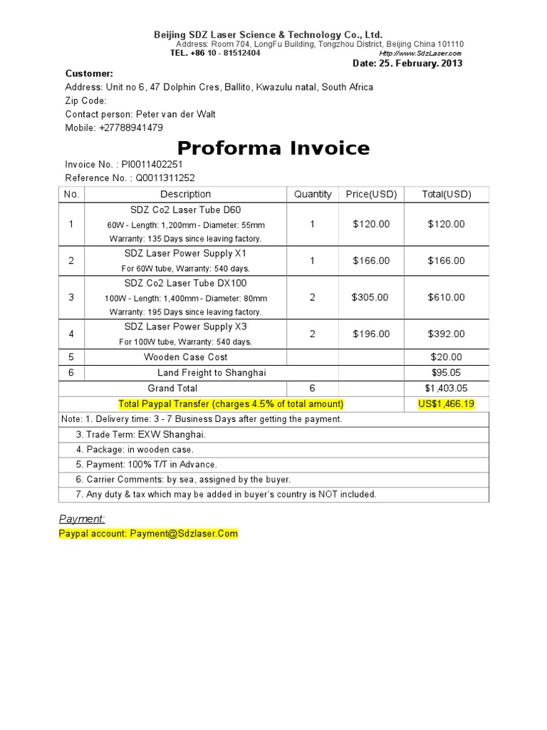 Proforma Invoice: No. Description Quantity Price (USD) Total (USD) $120 ...