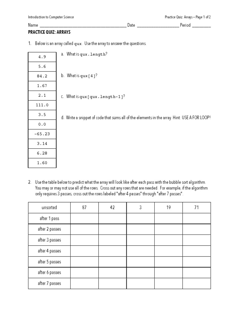 Arrays Practice Quiz | PDF | Computers