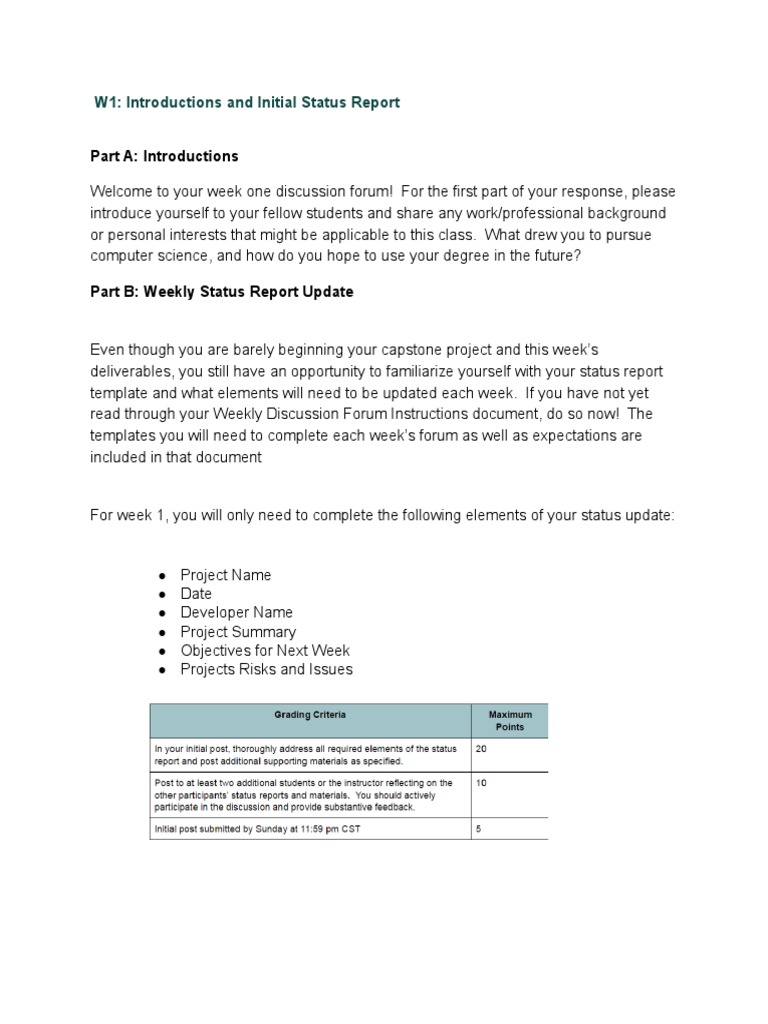 Part A: Introductions: W1: Introductions and Initial Status Report ...