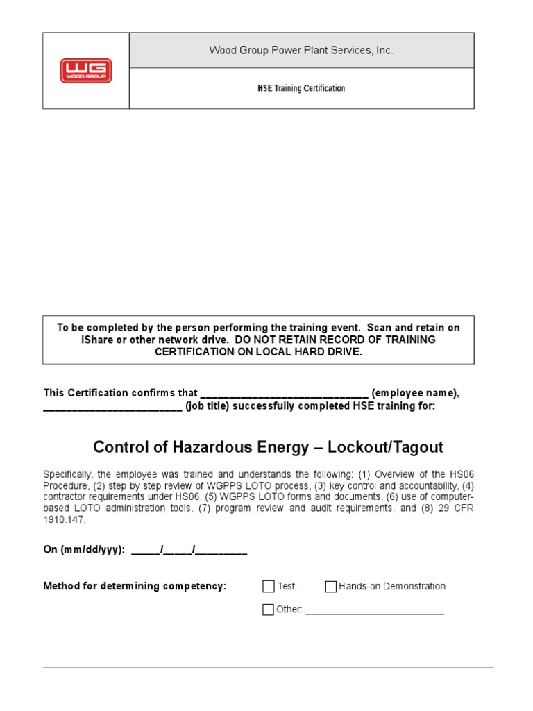 LOTO Certificate of HSE Training | PDF
