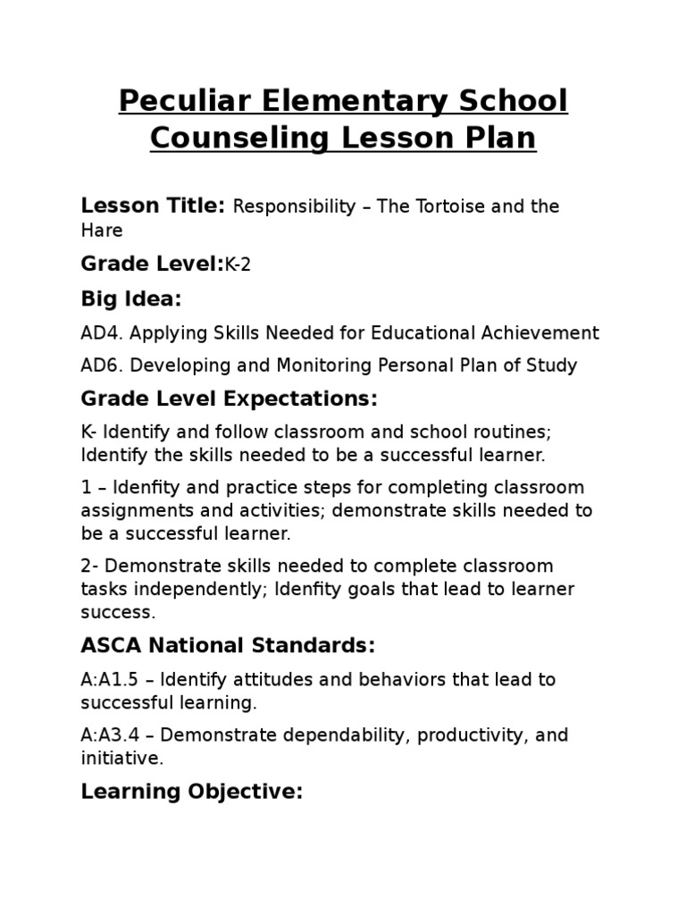 The Tortoise and The Hare Lesson Plan | PDF | School Counselor | Lesson ...