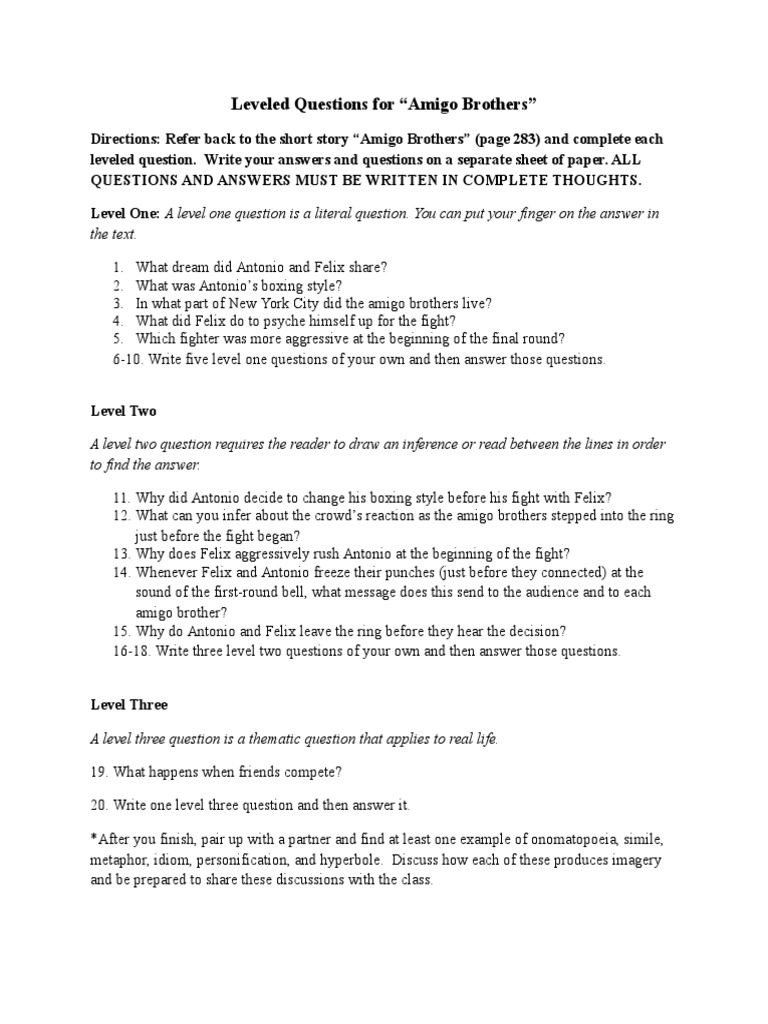 Amigo Brothers: Leveled Questions Guide | PDF | Sports & Recreation