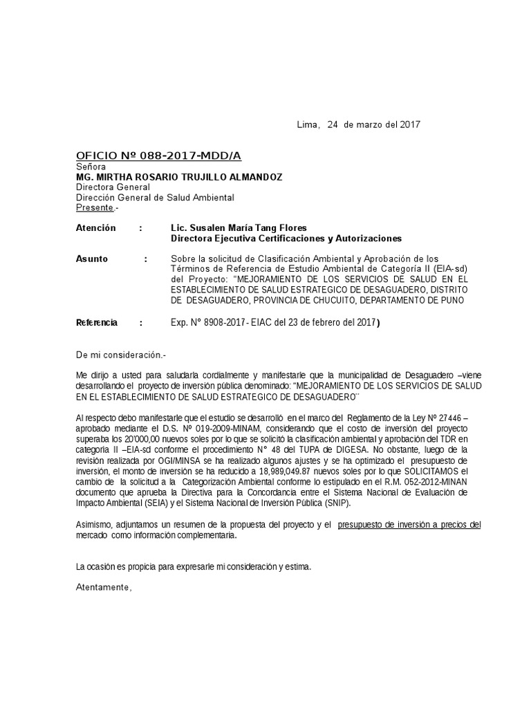 OFICIO A DIGESA - Complementario Desaguadero | PDF | Gobierno | Salud y bienestar