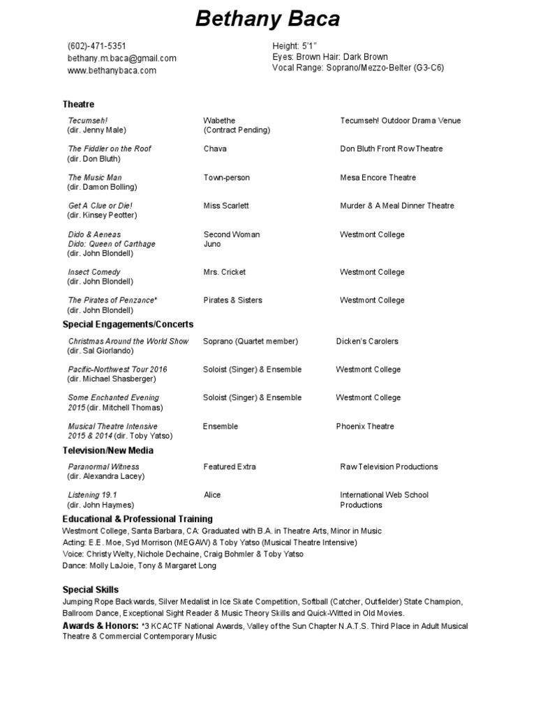 Bethany Baca Theatre Resume | PDF | Performing Arts | Entertainment