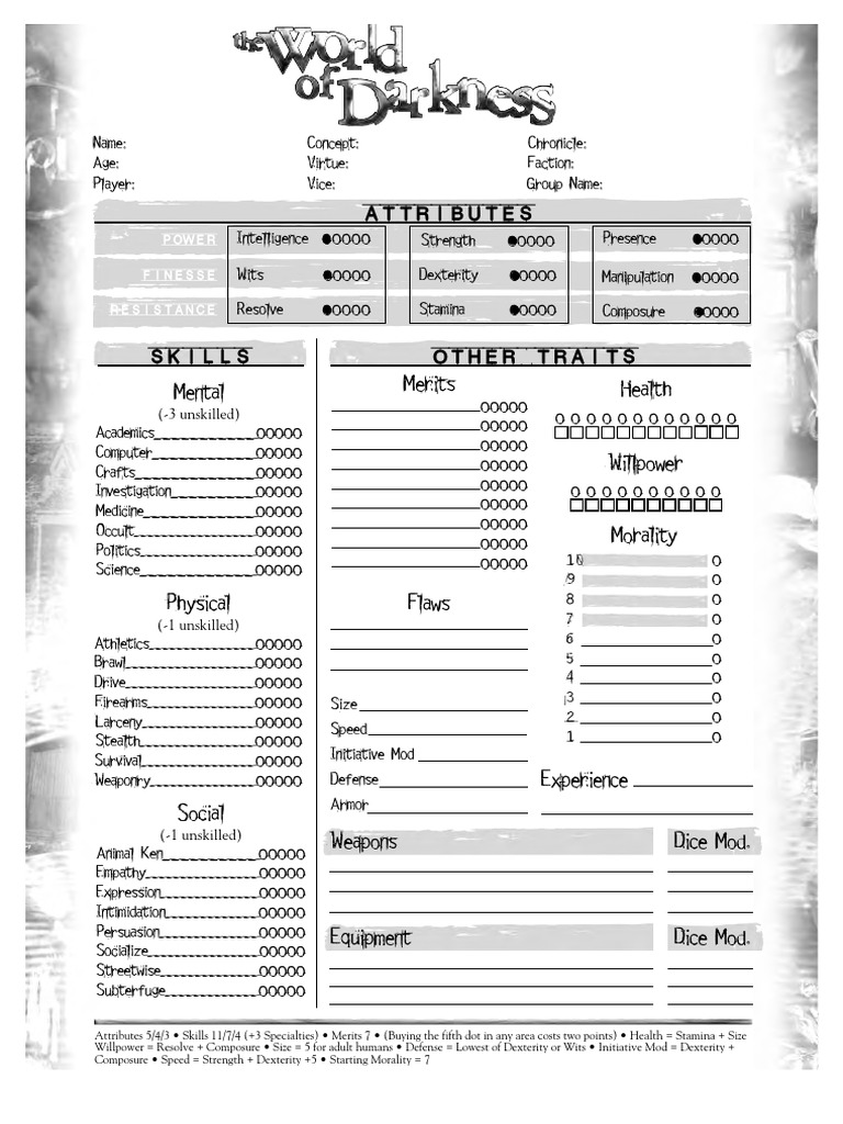 WoD Character Sheet | Leisure Activities | Role Playing