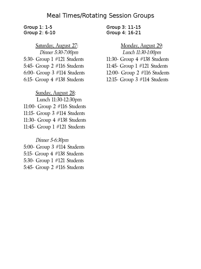 Meal Times/Rotating Session Groups: Dinner 5:30-7:00pm Lunch 11:30-1 ...