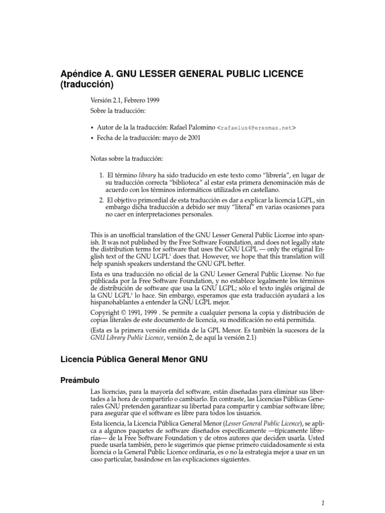 Licencia Pública General Menor GNU (LGPL v2.1) | PDF | Software libre ...