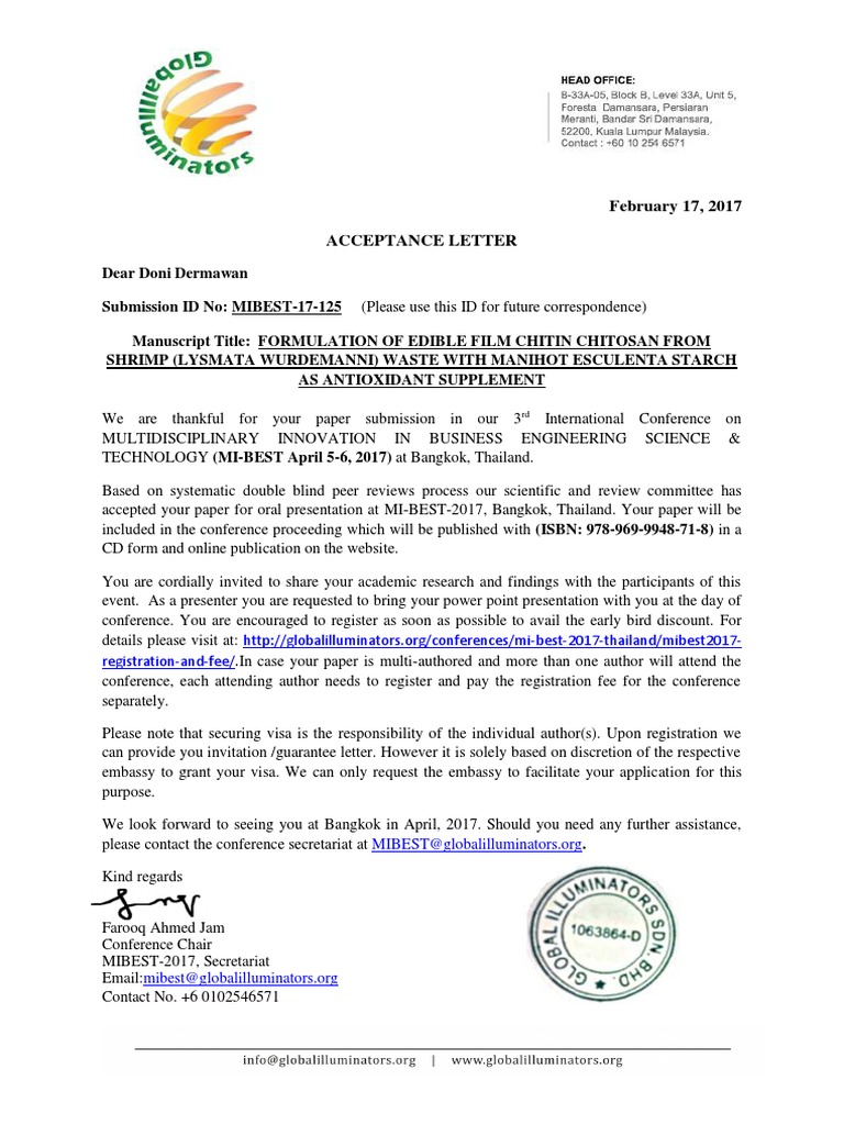 February 17, 2017 Acceptance Letter: Registration-And-Fee | PDF