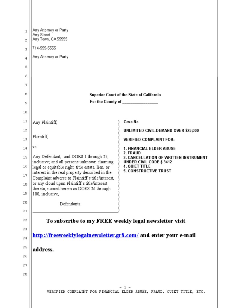 Financial Elder Abuse Complaint Sample | PDF | Concurrent Estate ...